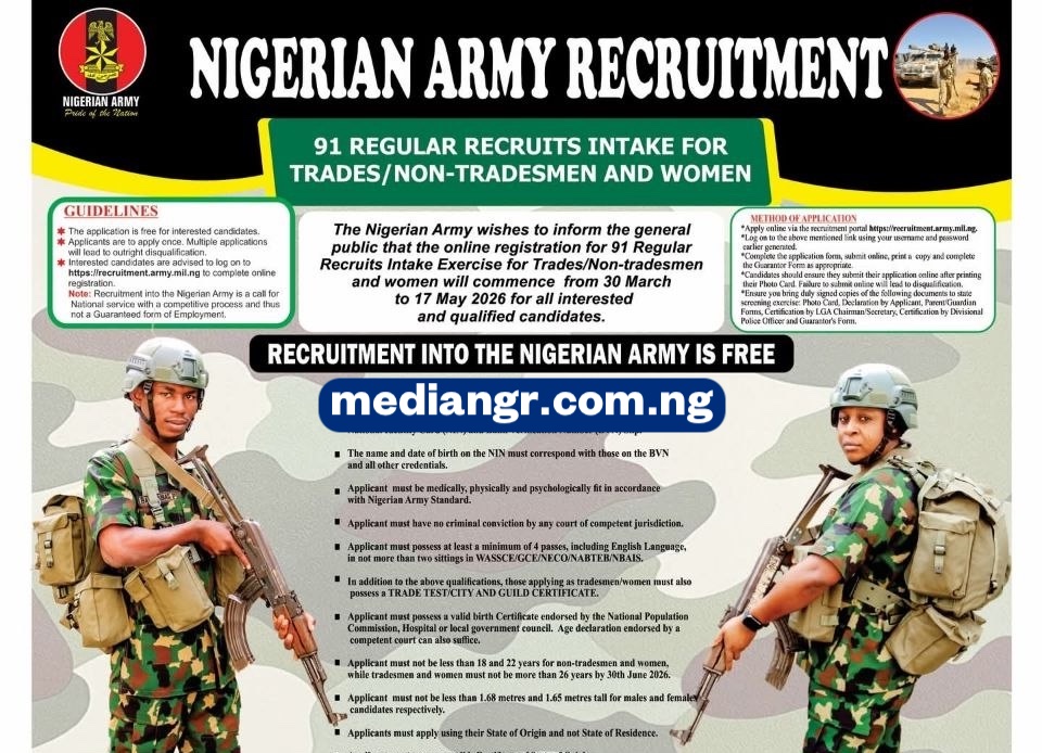 Nigerian Army 91RRI Recruitment 2026: Portal, How to Apply